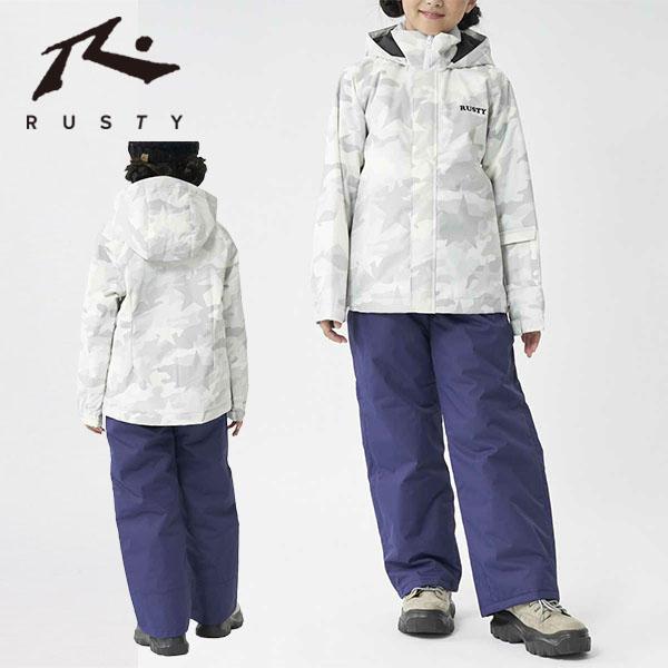 RUSTY ラスティ 男の子・女の子・こども用ジャケット＆パンツのスキー・スノーボードウェア上下セット。スノボーやスキー、雪遊びなどウインタースポーツで大活躍！ゲレンデで目を惹く、迷彩デザインです。サスペンダーで調整可能なので、成長に合わせ...