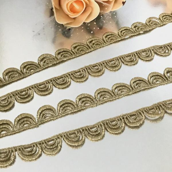エレガントなゴールドの装飾用レースになります。コスチューム、新体操、社交ダンス、バトントワリング、レオタード、ベリーダンス、バレエ衣装、ステージ衣装、手作り制作など縫い付けるだけで個性的な仕上がりになります。サイズ：W1.2cmカラー：ゴー...