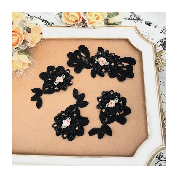 ビーズと立体的なバラ付きのモチーフレース4点セットになります。新体操、社交ダンス、バトントワリング、レオタード、ベリーダンス、フィギュアスケート、バレエ、ドレス、ステージ衣装、ハンドメイド材料などになどにいかがでしょうか。アイロンタイプでは...