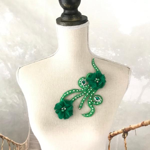 モチーフレース 花柄 薔薇 ラインストーン付き バトンモチーフ バラ モチーフ 服飾 レオタードモチーフ 装飾 衣装モチーフ バレエ衣装 チュチュモチーフ 舞台衣装 ステージ衣装 ダンス衣装 社交ダンス フィギア衣装 グリーン