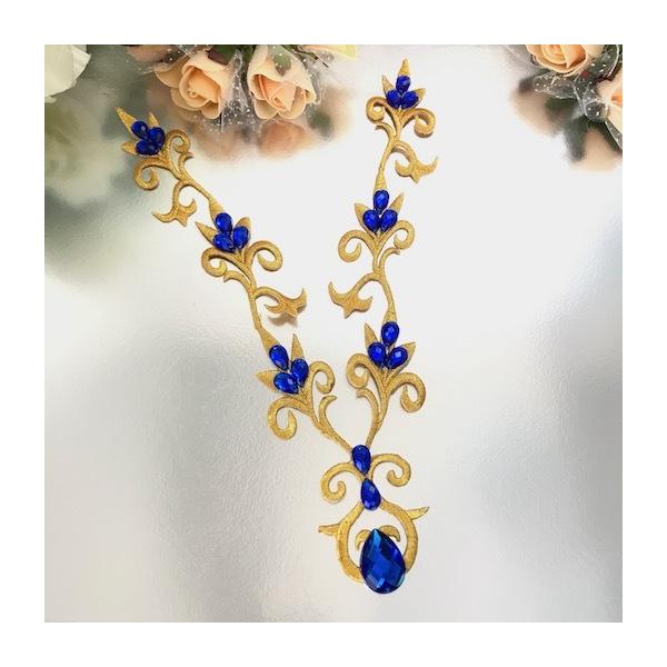 アイロン接着できるゴールドのラインストーン付き刺繍ワッペンモチーフになります。新体操、社交ダンス、バトントワリング、レオタード、ベリーダンス、フィギュアスケート、バレエ衣装、ドレス、ステージ衣装、手作り制作などにお使いいただけます。アイロン...