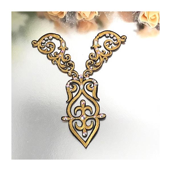 アイロン接着できるブラックフチのゴールドのラインストーン付き刺繍ワッペンモチーフになります。新体操、社交ダンス、バトントワリング、レオタード、ベリーダンス、フィギュアスケート、バレエ衣装、ドレス、ステージ衣装、手作り制作などにお使いいただけ...