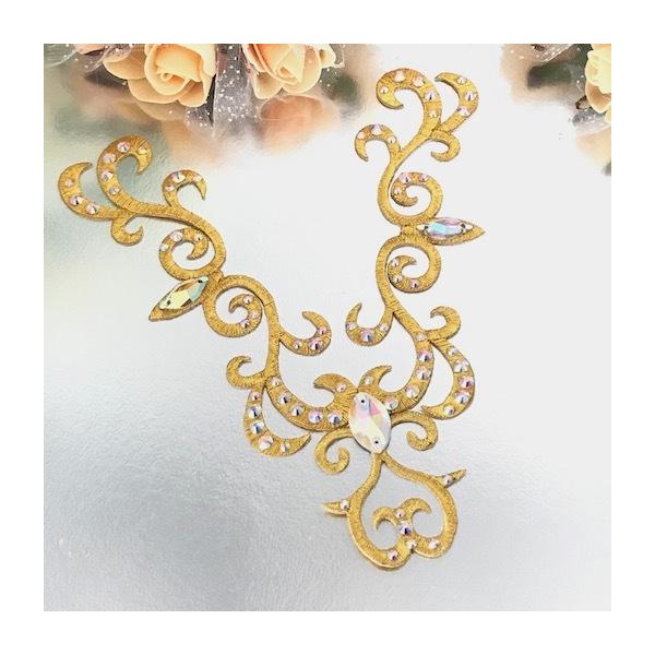 アイロン接着できるゴールドのラインストーン付き刺繍ワッペンモチーフになります。新体操、社交ダンス、バトントワリング、レオタード、ベリーダンス、フィギュアスケート、バレエ衣装、ドレス、ステージ衣装、ハンドメイド材料などにお使いいただけます。ア...