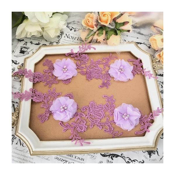 パープルの花のチーフセットになります。ヘア飾り、衣装の装飾、新体操、社交ダンス、ウェディング、バトントワリング、レオタード、チアダンス、フィギュアスケート、バレエ、ドレス、ステージ衣装、ハンドメイド材料などにお使いいただけます。サイズ：H3...