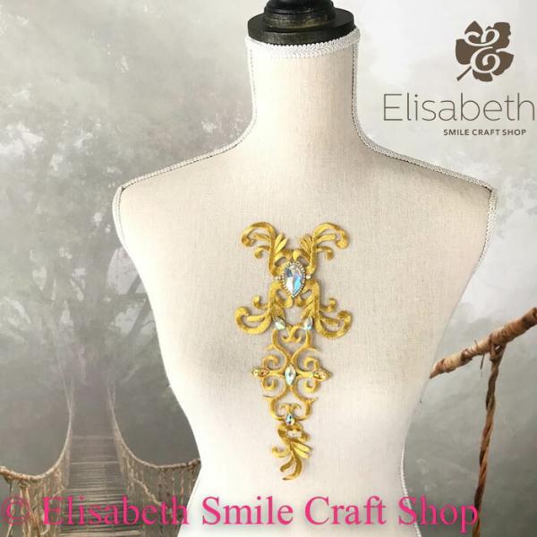 ゴールド レオタード バトン モチーフ ラインストーン ワッペン アイロン用 貼り付け アップリケ ハンドメイド パーツ 衣装 レオタードモチーフ バレエ衣装 新体操 バレエ衣装 舞台衣装 ステージ衣装 ダンス衣装 社交ダンス フィギア衣装