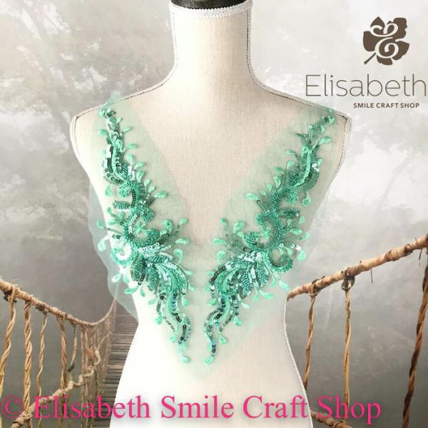 モチーフ グリーン 衣装 モチーフレース ビーズ付き チュールモチーフ 服飾 スパンコール 衣装モチーフ 装飾 ハンドメイド サルサ ルンバ 新体操 バレエ衣装 舞台衣装 ステージ衣装 ダンス衣装 社交ダンス フィギア衣装