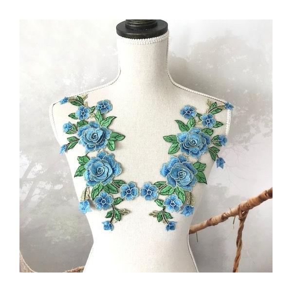 エレガントなブルーバラの刺繍モチーフセットです。新体操、社交ダンス、バトントワリング、レオタード、ベリーダンス、フィギュアスケート、バレエ、ドレス、ステージ衣装、ハンドメイド材料などにお使い頂けます。アイロンタイプではございませんサイズ：H...