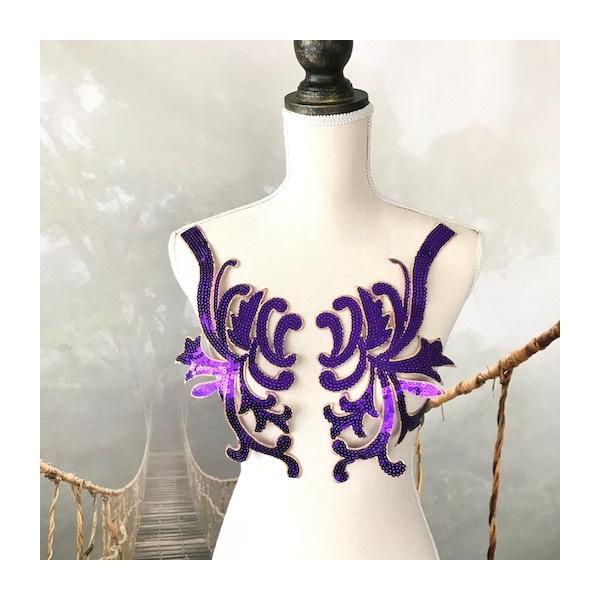 パープルのアイロン用スパンコールモチーフセットです。新体操、社交ダンス、バトントワリング、レオタード、ベリーダンス、フィギュアスケート、バレエ衣装、ドレス、服飾、ステージ衣装、舞台衣装、ハンドメイド材料などにお使いいただけます。サイズ：H3...