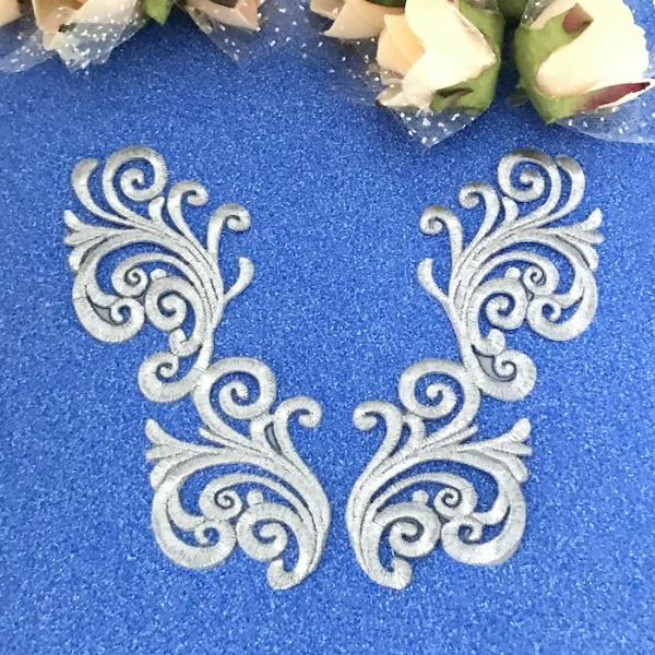 アイロン接着できるシルバーの刺繍ワッペンモチーフセットです。コスチューム、新体操、社交ダンス、バトントワリング、レオタード、ベリーダンス、フィギュアスケート、バレエ衣装、ドレス、服飾、ステージ衣装、舞台衣装、ワンピース、ハンドメイド材料など...