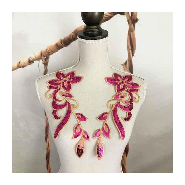 花のゴールド・ピンクのアイロン接着のできるワッペンセットになります。好きな形にカットしてラインストーンでかざると自由デザインできます。シンプルなドレス、レオタード・アイススケート・チアダンス等の衣装、バトントワリング、フィギュアスケート、バ...