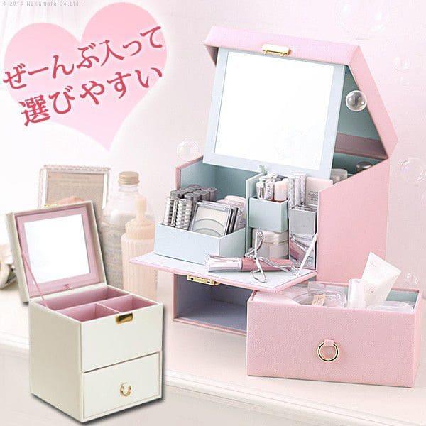 サイズ：幅22x奥行20x高さ26cm・約1.5kgカラー：シェルピンク・バニラホワイト材質：本体（外張り・内張り）-合成皮革（PVC）完成品▼合皮 皮 革 ピンク 白 ホワイト 幅20 奥行 20 高さ25 化粧品収納ラック 化粧品収納ケ...