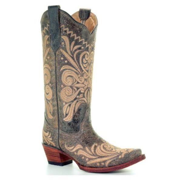 ★コラル CORRAL の 13"Circle G レディース グリーンベージュ 刺繍 ウエスタンブーツ L5407 になります。★ビンテージ加工レザーのシャフトとボトムには、凝ったデザインの刺繍が施られています。★アウトソールはレザーソー...