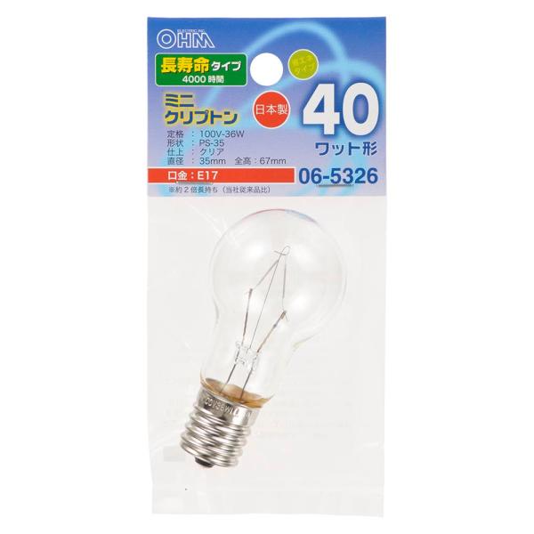【 特 長 】● 口金E17、40W形ミニクリプトン電球● 4000時間の長寿命タイプで約2倍長持ち（当社従来品比）● 省エネタイプ● クリア仕上げ● 日本製【 仕 様 】■ 定格：100V 36W■ 形状：PS35■ 仕上：クリア■ 直径...
