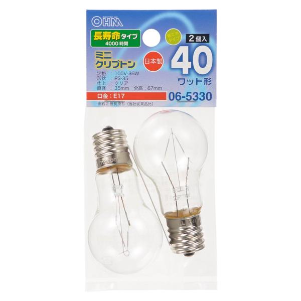 【 特 長 】● 口金E17、40W形ミニクリプトン電球● 4000時間の長寿命タイプで約2倍長持ち（当社従来品比）● 省エネタイプ● クリア仕上げ● 日本製● 2個入【 仕 様 】■ 定格：100V 36W■ 形状：PS35■ 仕上：クリ...