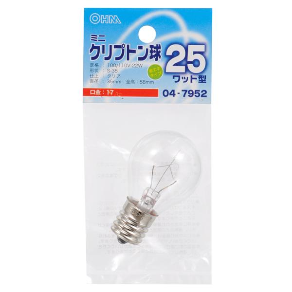 【 特 長 】● ミニクリプトン球 25形相当 S-35 E17クリア● 屋内専用（屋外使用禁止）【 仕 様 】■ 定格：100/110V−22Ｗ■ 形状：Ｓ−35■ 仕上げ：クリア■ 直径：35mm　全高：58mm■ 口金：Ｅ17