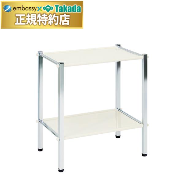 メディカル用スチールワゴンとして多目的に活用できる頑丈な業務用。棚部分は環境にやさしい粉体塗装。支柱は衛生的なクロムメッキ加工。樹脂製アジャスター。定番の2段式ワゴン。