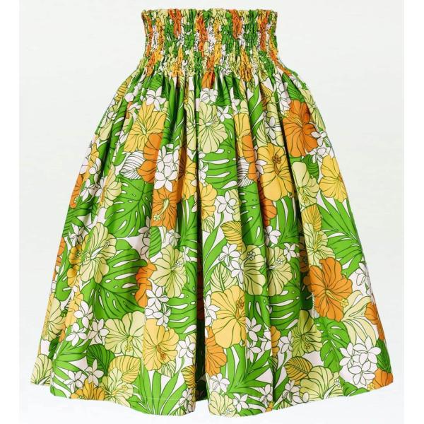 ハワイより直輸入のT/C ポリコットンハワイアンファブリックを高品質な自社工場で縫製。ハイビスカスプリントの73cm丈パウスカートです。(柄の出方は異なる場合がございます。) スカート丈：73cm（ゴム入れ前75cm）適応ヌード寸法：ウエス...