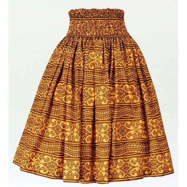 ハワイより直輸入のT/C ポリコットンハワイアンファブリックを高品質な自社工場で縫製。カヒコプリントの73cm丈パウスカートです。(柄の出方は異なる場合がございます。) スカート丈：73cm（ゴム入れ前75cm）適応ヌード寸法：ウエスト59...