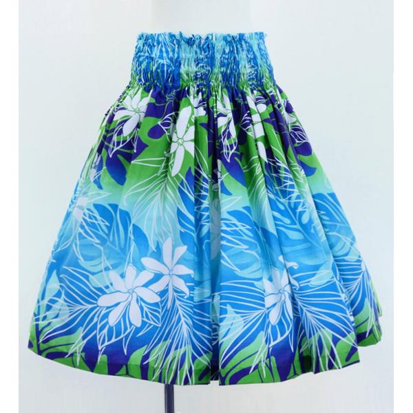 フラダンス パウスカート シングル73cm丈 ブルー×グリーン 2967ハワイより直輸入のT/C ポリコットンハワイアンファブリックを高品質な自社工場で縫製。ティアレプリントの73cm丈パウスカートです。(柄の出方は異なる場合がございます。...