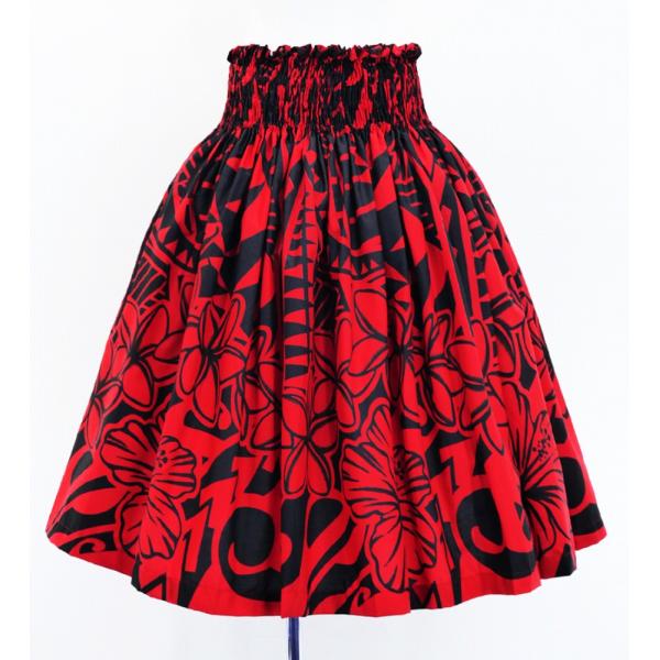 フラダンス パウスカート シングル73cm丈 レッド×ブラック 3003ハワイより直輸入のT/C ポリコットンハワイアンファブリックを高品質な自社工場で縫製。ティアレプリントの73cm丈パウスカートです。(柄の出方は異なる場合がございます。...