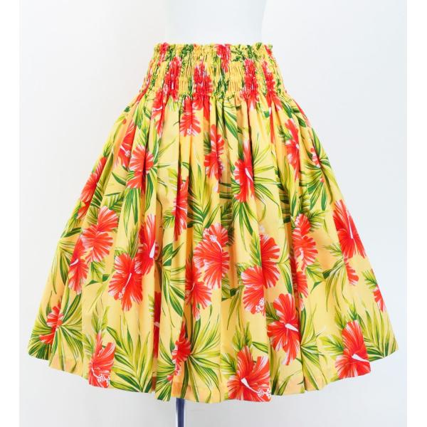 フラダンス パウスカート シングル73cm丈 イエロー 3121ハワイより直輸入のT/C ポリコットンハワイアンファブリックを高品質な自社工場で縫製。(柄の出方は異なる場合がございます。) スカート丈：73cm（ゴム入れ前75cm）適応ヌー...