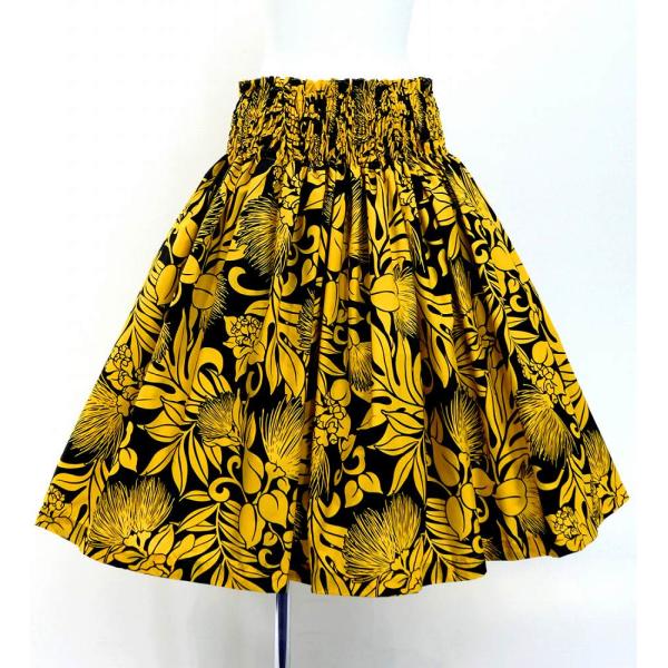 フラダンス パウスカート シングル73cm丈 イエロー×ブラック 3141ハワイより直輸入のT/C ポリコットンハワイアンファブリックを高品質な自社工場で縫製。(柄の出方は異なる場合がございます。) スカート丈：73cm（ゴム入れ前75cm...