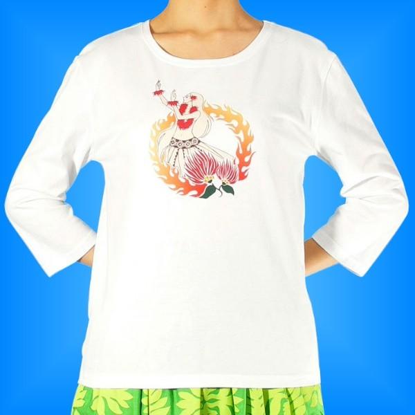 ハワイで最も崇拝される火の女神ペレ、フラを最も愛した神として知られています。ペレとペレに捧げる花オヒアレフアをデザインしたフラ七分袖Tシャツです。火の神ペレをフロントに、バックにはハワイ島の花でもあるオヒアレフアをプリント。すっきり見えてパ...