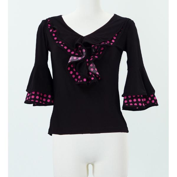 人気のブラウスのデザインに水玉のフリルを使用。伸縮性のある素材で踊りやすさも◎同じ素材を使用した数種類ファルダともコーディネート出来ますのでコーディネートの幅が広がります。 身丈：55cm適応ヌード寸法：バスト79cm〜90.5cm／ ウエ...