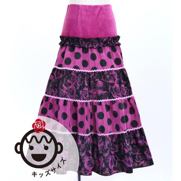 キッズ フラメンコ ティアードスカート 水玉×ローズ ワイン×ブラック 120・140サイズ FSp-10＜アイテム説明＞生地から縫製に至るまで、全ての工程を国内で行った日本製の商品。emikaオリジナルプリント生地を使用した、キッズ用ティ...