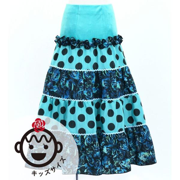 キッズ フラメンコ ティアードスカート 水玉×ローズ ライトブルー×ブラック 120・140サイズ FSp-11＜アイテム説明＞生地から縫製に至るまで、全ての工程を国内で行った日本製の商品。emikaオリジナルプリント生地を使用した、キッズ...