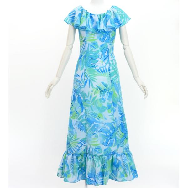 フラダンス　ロング丈 コシボドレス ハワイアンリーフ スカイブルー J3205sbl15営業日前後の発送となります。お急ぎの方はemika本店または姉妹店EGL TOKYOで「お急ぎ発送サービス」をご利用ください。生地から縫製に至るまで、全...