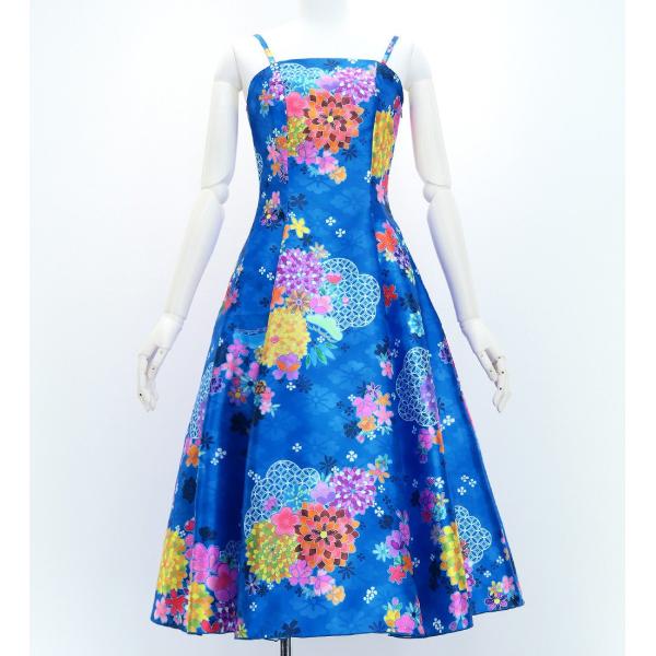 和柄ドレス 和柄ワンピース ミディ丈 菊＆梅＆桜柄 ブルー（青） S-Lサイズ JW003bl15営業日前後の発送となります。お急ぎの方はemika本店または姉妹店EGL TOKYOで「お急ぎ発送サービス」をご利用ください。★emikaオリ...