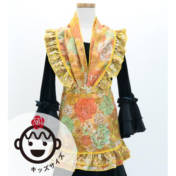 キッズ フラメンコ ピキージョ・エプロンセット モダンフラワー オレンジ S-Lサイズ PAp-11＜アイテム説明＞生地から縫製に至るまで、全ての工程を国内で行った日本製の商品。emikaオリジナルプリント生地を使用した、華やかなキッズ用ピ...