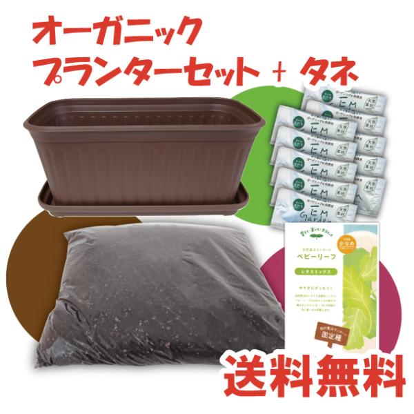 【セット内容】(1)ポット用ＥＭ有機培土　3.5L　1袋(2)自然農法種子　ベビーリーフ　（レタスミックス）1ml/約400粒(2〜3回分)(3)ＥＭgarden　10ml×10回分(4)プランター　（幅28cm　奥行14.5cm　高さ13...