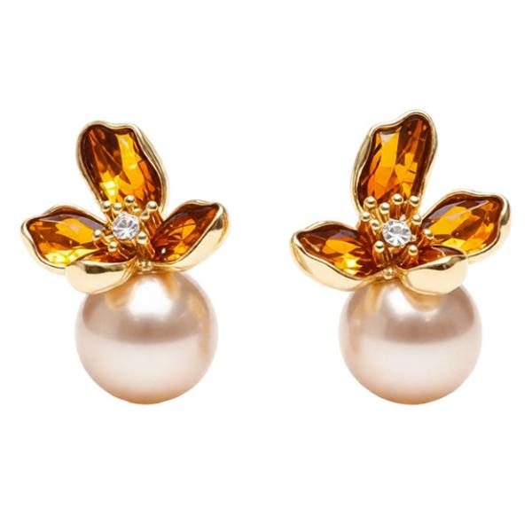 色 :ゴールド　オレンジサイズ：（約）2cm×2.8cm　　素材：合金 パールビーズ中国製レーディス エレガント ピンクパールとオレンジフラワー デザイン ピアス です。シンプルで使いやすくコーディネートが楽しくなる逸品です。