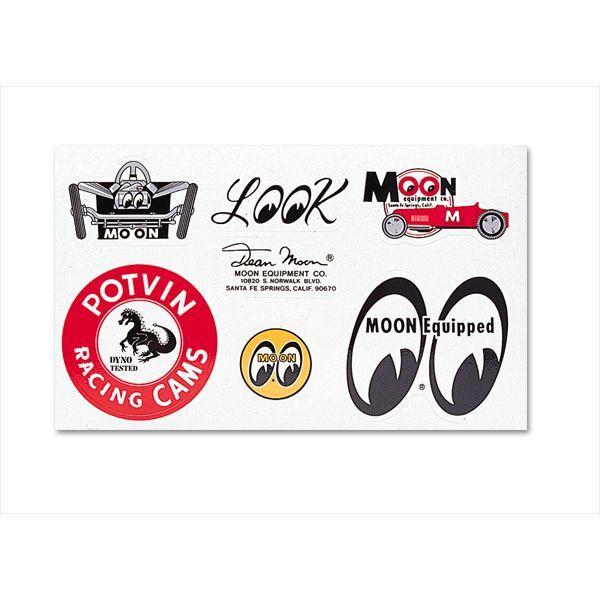 MOONEYES 7 Design Sticker Sheetムーンアイズ 7 デザイン ステッカー シートディーン ムーンのサインや、POTVIN ステッカー(直径8cm)を含む7枚のステッカーシートです。お車の左右に貼る場合などは2セッ...