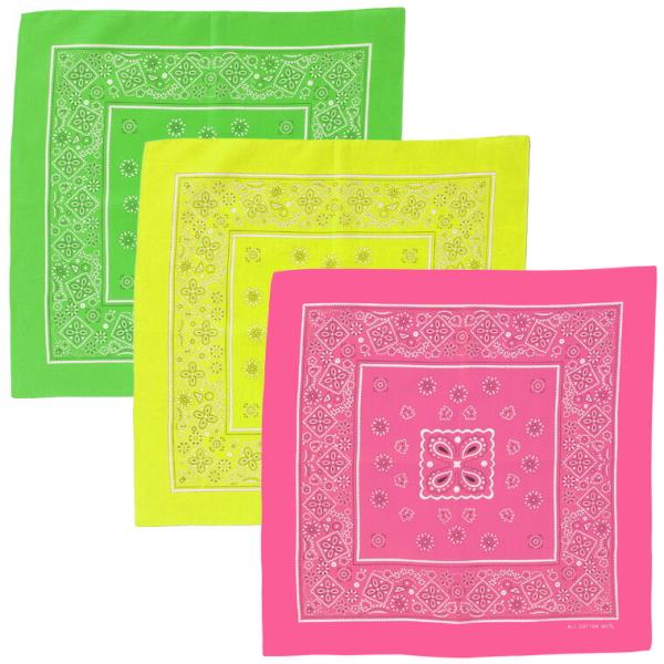 【商品説明】 鮮やかなカラーのシンプルで使いやすい万能バンダナです。約55cmのゆったりサイズで結びやすく、頭や首に巻いたり、アレンジを楽しんだりと使い方は自由自在。大人から子どもまで幅広くご使用いただけます。■商品名 バンダナ 蛍光色■サ...