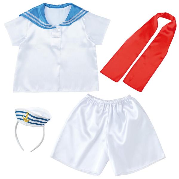 【商品説明】 本格的なデザインで水兵さんになりきれるキッズ用コスプレ衣装です。トップス、パンツ、スカーフ、カチューシャの4点セットで、簡単にかわいく変身できます。光沢感のあるサテン生地で、写真映えする華やかな仕上がりです。■商品名　キッズコ...
