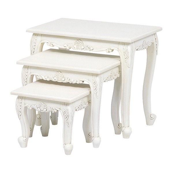 エレガントな彫刻とねこ脚、古くから使い込んだような味わいのアンティーク風テーブルセットアンティークホワイトL:(約)幅64×奥行40×高さ56cm　M:(約)幅50×奥行36×高さ43cm　S:(約)幅36×奥行32×高さ31cm主材:パイ...