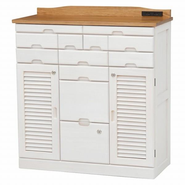 多引き出しのFAX台。隠しキャスターがついているので移動もラク。鍵付きナチュラル/ホワイト(約)幅76×奥行32×高さ83cm■キャスター付■コンセント付■鍵×２箇所付■可動棚:２枚(３cmピッチ３穴)■仕切板×１付き■引出内寸(浅):約幅...