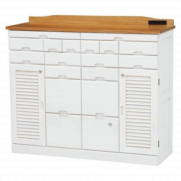 多引き出しのFAX台。隠しキャスターがついているので移動もラク。鍵付きナチュラル/ホワイト(約)幅96×奥行32×高さ83cm■キャスター付■コンセント付■鍵×２箇所付■可動棚:２枚(３cmピッチ３穴)■仕切板×１付き■引出内寸(浅):約幅...