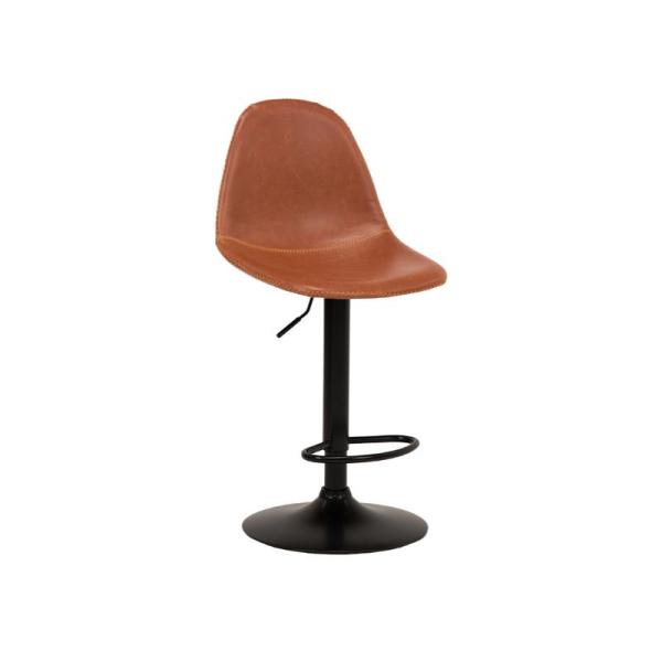リアルな本革調の昇降式バーチェア。360度回転式で、昇り降りもラクラク。ブラウン幅45×奥行46×高さ94〜115×座面高58〜79cm■組立式■ガス圧昇降式主材：スチール、座面：積層材、張地：合成皮革 中国製