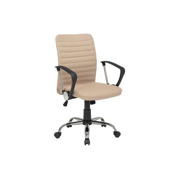 シンプルなデザインのオフィスチェア。PVC生地でお手入れが簡単。ベージュ(約)幅58×奥行56×高さ93〜103×座面高45〜55cm■組立式■ロッキング■キャスター付■360度回転■昇降式主材:スチール・ポリプロピレン、張地：合成皮革 中国製