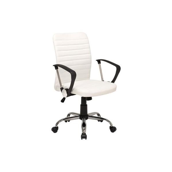 シンプルなデザインのオフィスチェア。PVC生地でお手入れが簡単。ホワイト(約)幅58×奥行56×高さ93〜103×座面高45〜55cm■組立式■ロッキング■キャスター付■360度回転■昇降式主材:スチール・ポリプロピレン、張地：合成皮革 中国製