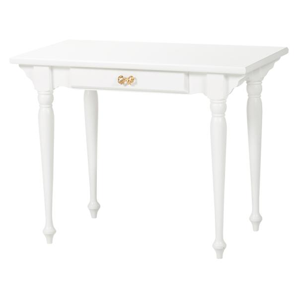 リボンの形の可愛い取っ手や細部のデザインにもこだわったデスクテーブル。便利な引出付き(約)幅90×奥行50×高さ70cm■組立式主材:天然木・天然木化粧繊維板 インドネシア製