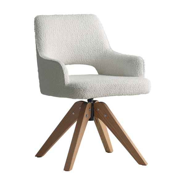 曲線と直線のバランスが美しい、ダイニングチェア『Oria（オリア）』。光の角度によって表情を変えるブークレ生地と天然木オーク材が、空間に上質な印象を与えます。身体に沿った背もたれと、ゆったり座面の快適な座り心地。座面は360°の回転が可能で...