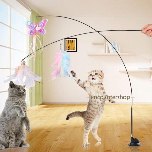 【セット商品】安全で天然素材で作られた羽毛。フィッシングロッド×2、パワフルサクションカップ×1、ナチュラルフェザー×1、プレミアムフェザー×1、バタフライ×1、合計6点。【楽しい猫のおもちゃ】最新の猫のおもちゃ、猫の狩猟本能を刺激し、興味...