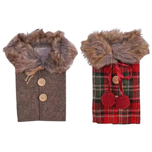 クリスマス ワインバッグ 1点 全2色 ボトルカバー チェック柄 ブラウン ファー付き レッド 赤 ワインボトル装飾袋 ホリデーテーブルパーティーお祝い 新年 ディナー テーブル デコレーション クリスマス内容数：1点サイズ：全体約16 x...