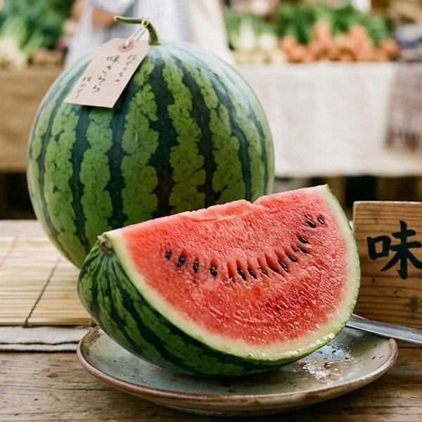 味きらら」は、大和農園が育成した安定した食味を誇る大玉スイカの定番品種です。平均糖度は12&amp;#12316;13度前後と高く、深いコクのある甘みとシャリッとした食感が特徴です。果実は6&amp;#12316;9kg程度の正球&amp;...