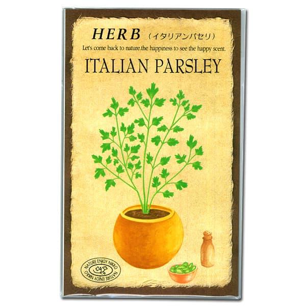 お料理に 種　タネ　イタリアンパセリはイタリア料理には欠かせないハーブ。野性的な強いパセリの香りがあります。ビタミンA、C、鉄分を含み、健康的なハーブ。サラダやスープに刻んでご利用ください。強健なので栽培は容易ですが、移植を嫌いますのでじか...